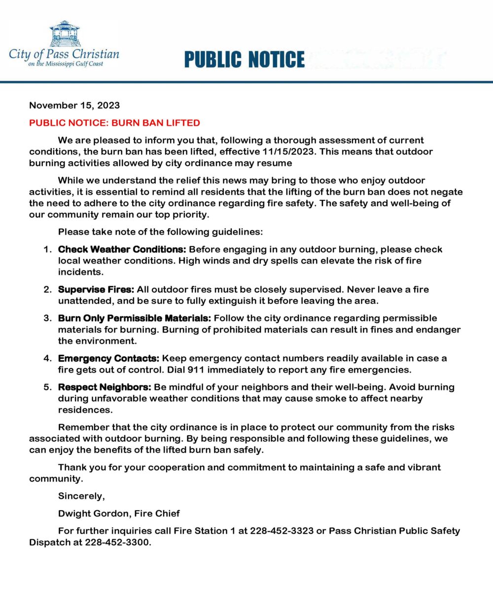 Burn Ban Update | City of Pass Christian